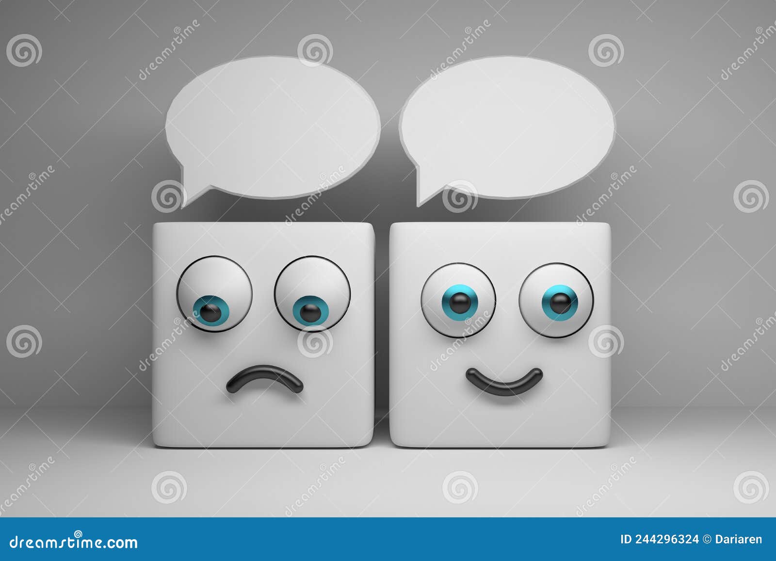 Two Characters with Two Sad and Happy Blocks with Word Bubbles Stock ...