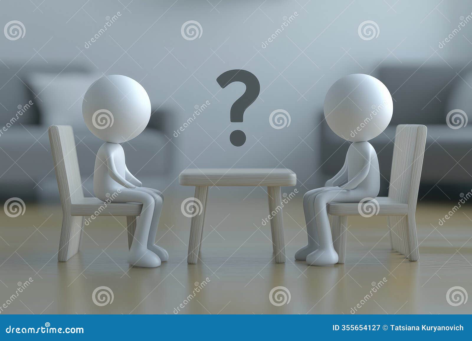 Two Characters Sitting at Table with Question Mark, Discussing Ideas ...