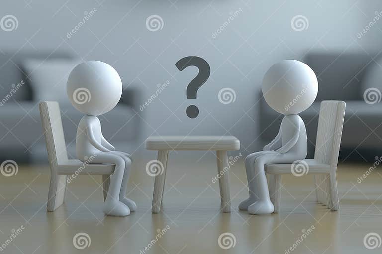 Two Characters Sitting at Table with Question Mark, Discussing Ideas ...