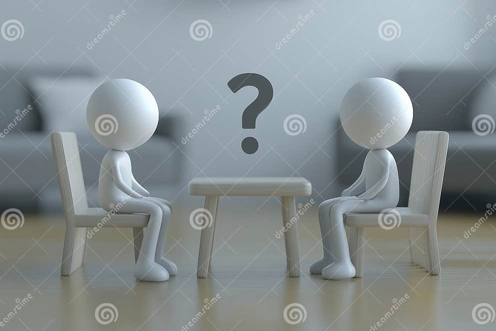 Two Characters Sitting at Table with Question Mark, Discussing Ideas ...
