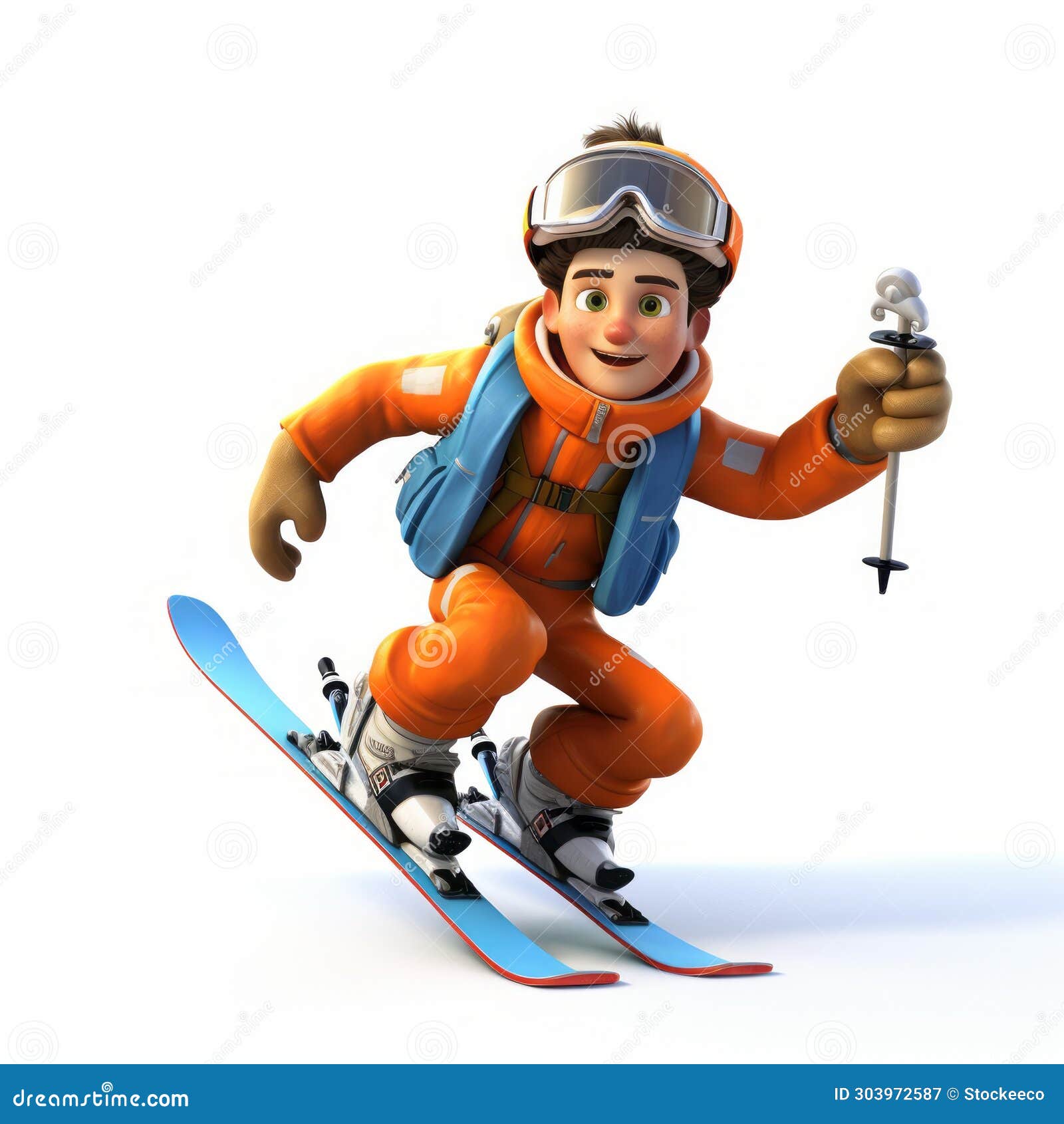 Charming 3d Render Cartoon of Lucas Skiing on Orange Skis Stock ...