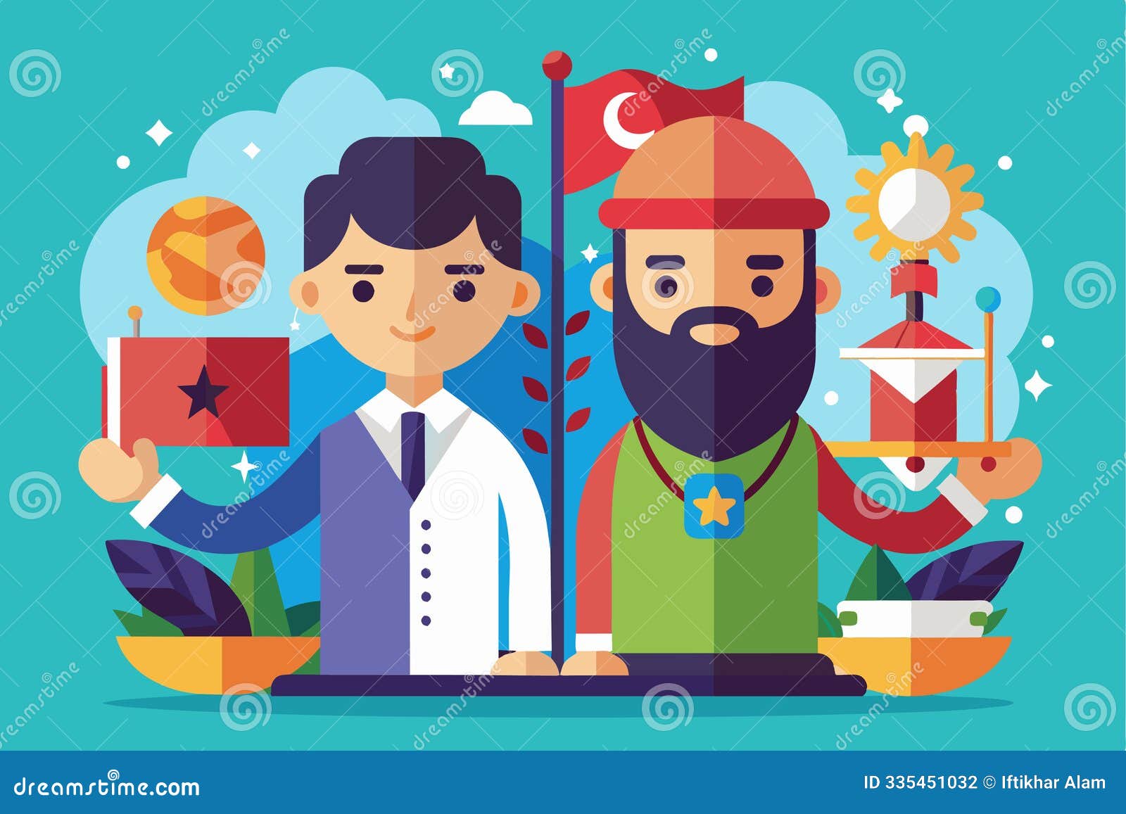 Two Characters Symbolize Contrasting Ideologies with Flags and Cultural ...