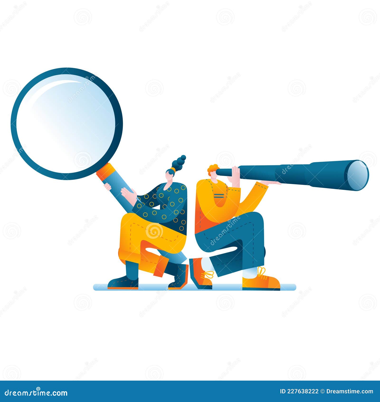 Two Characters with a Telescope and a Magnifying Glass are Looking for ...