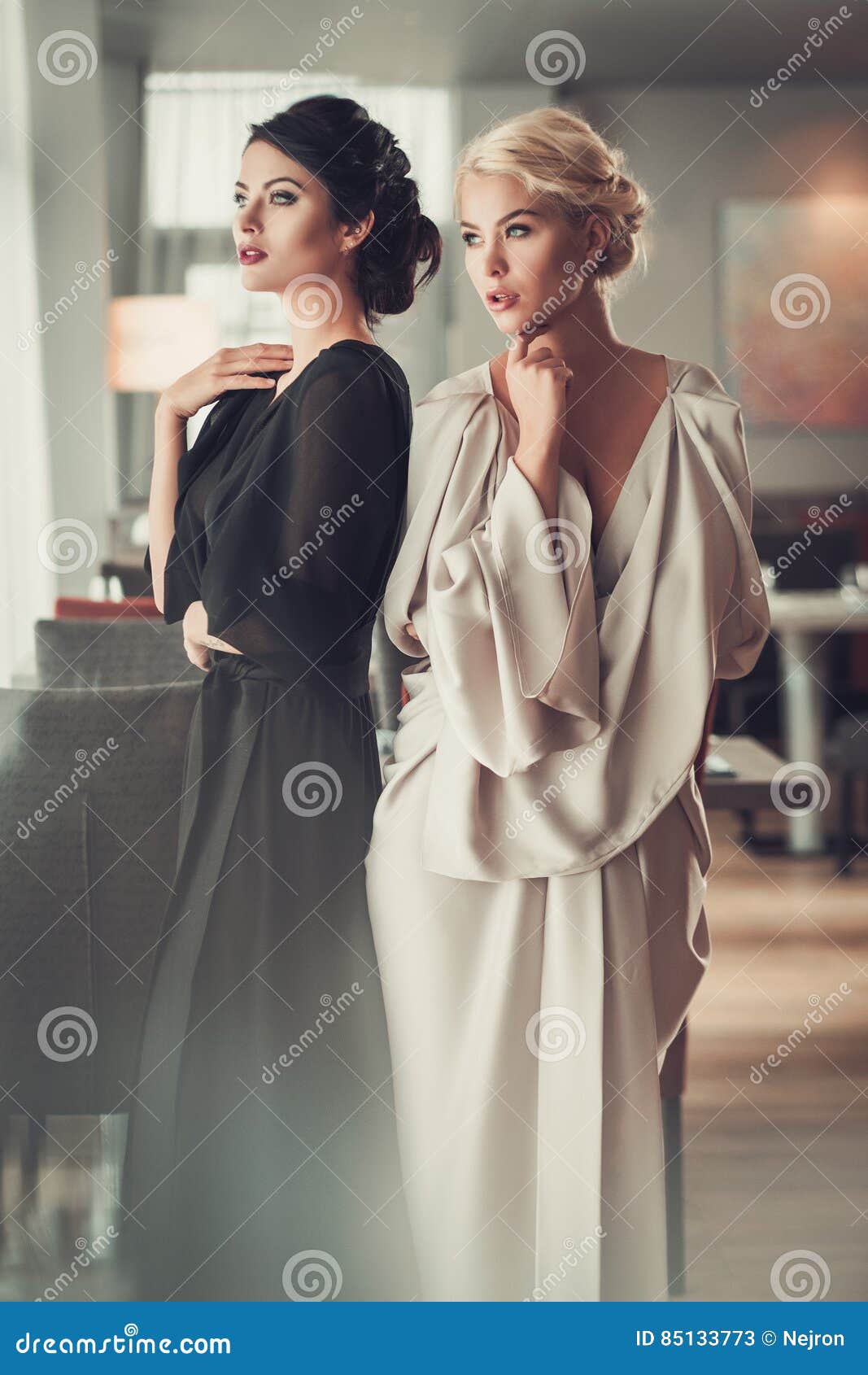 Two Charming Ladies in Elegant Evening Dresses in Restaurant Stock ...