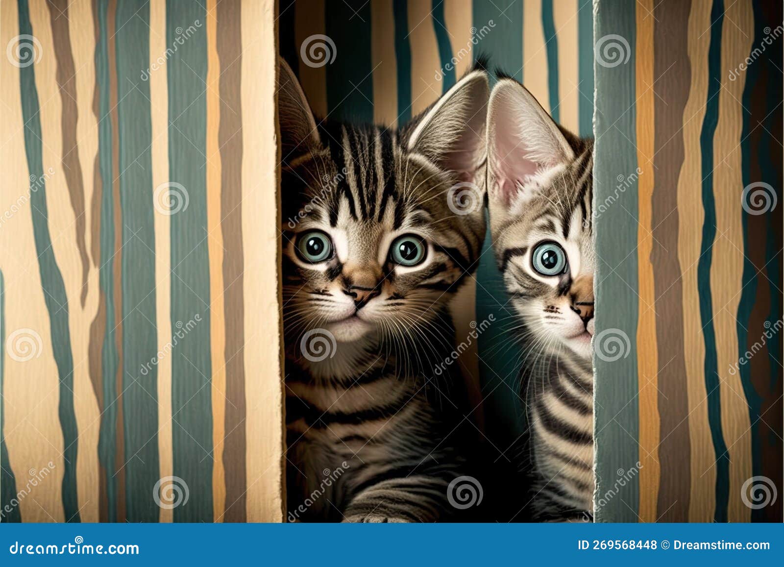 Two Kittens Cautiously Peeking Out From Behind A Shabby Corner On A ...