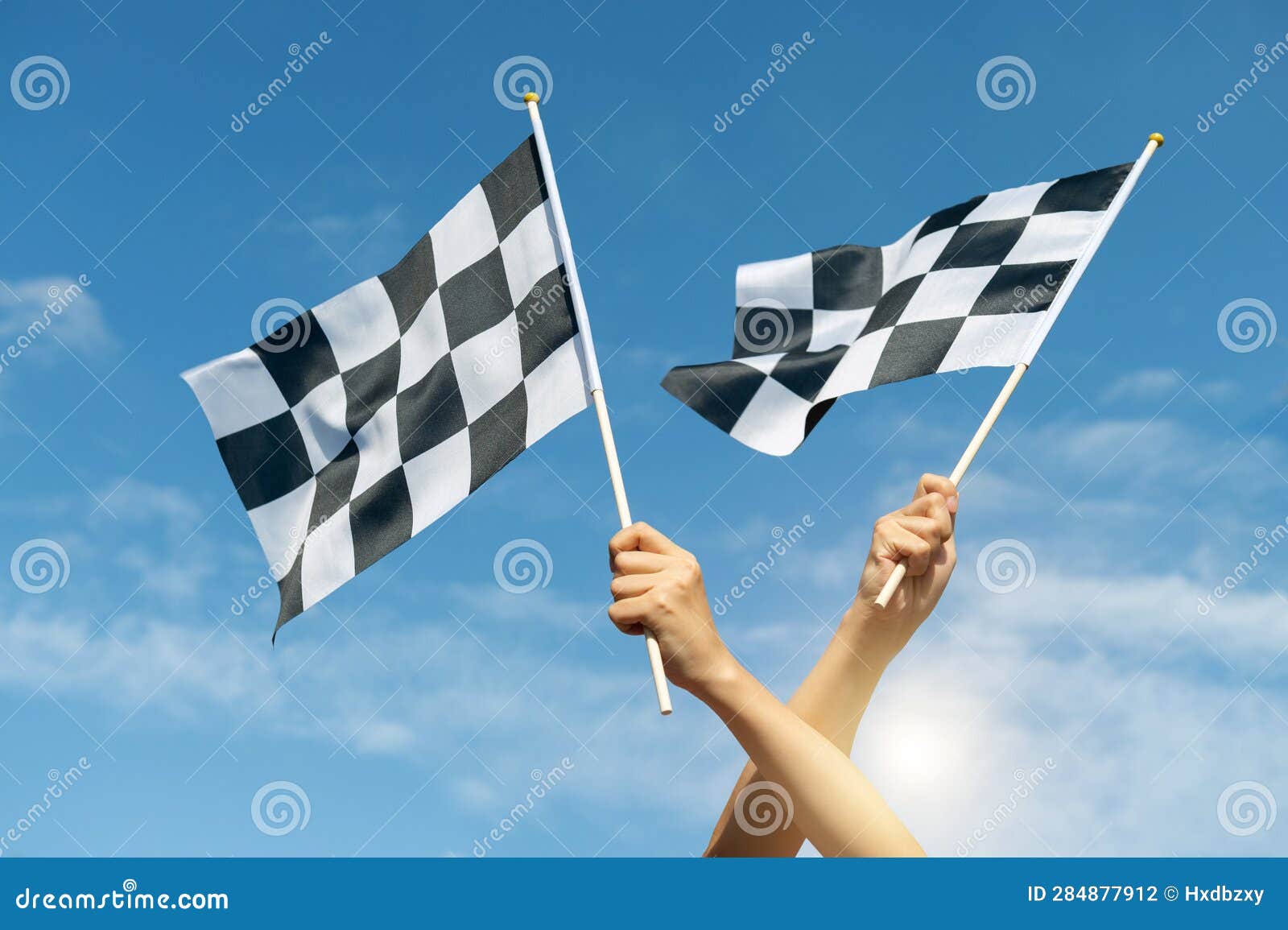 Two checkered race flags stock photo. Image of fabric - 284877912