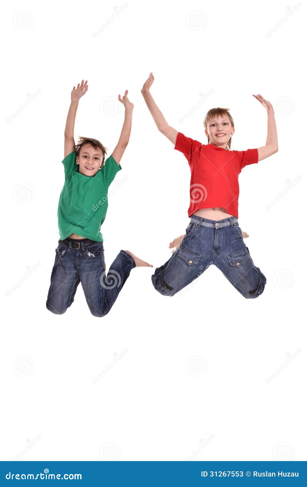 Two cheerful boys jumping stock image. Image of positive - 31267553
