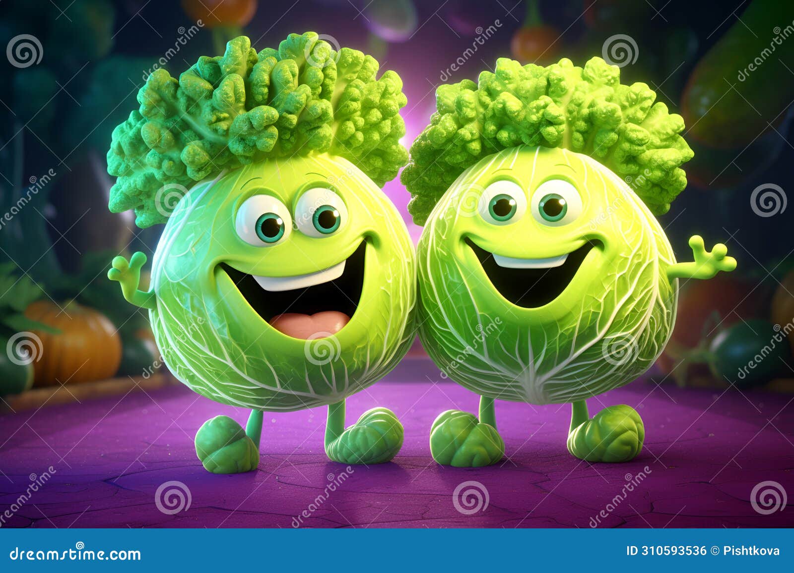 Two Cute Cartoon Cabbages on a Purple Carpet Stock Illustration ...