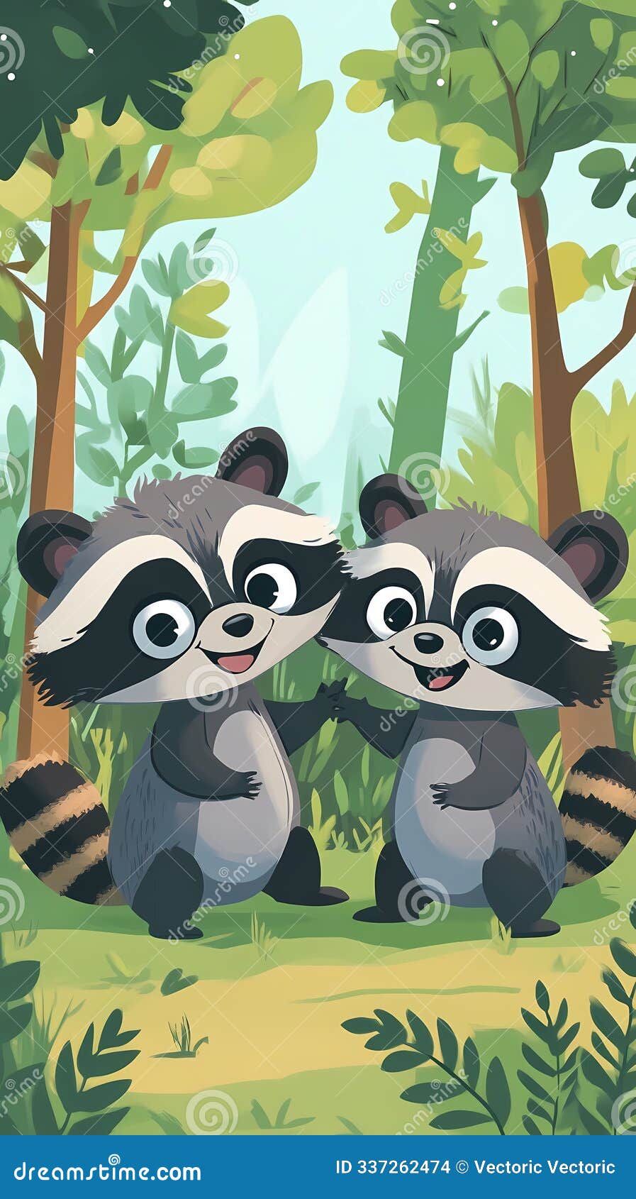 Two Cheerful Cartoon Raccoons in a Vibrant Forest Setting Stock ...