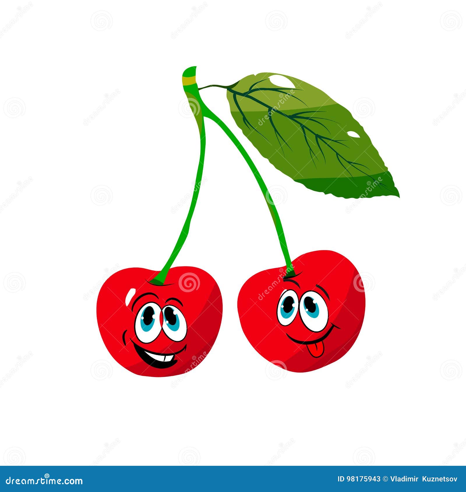 Two Cheerful Cherries on a Branch, Cartoon on a White Background. Stock ...
