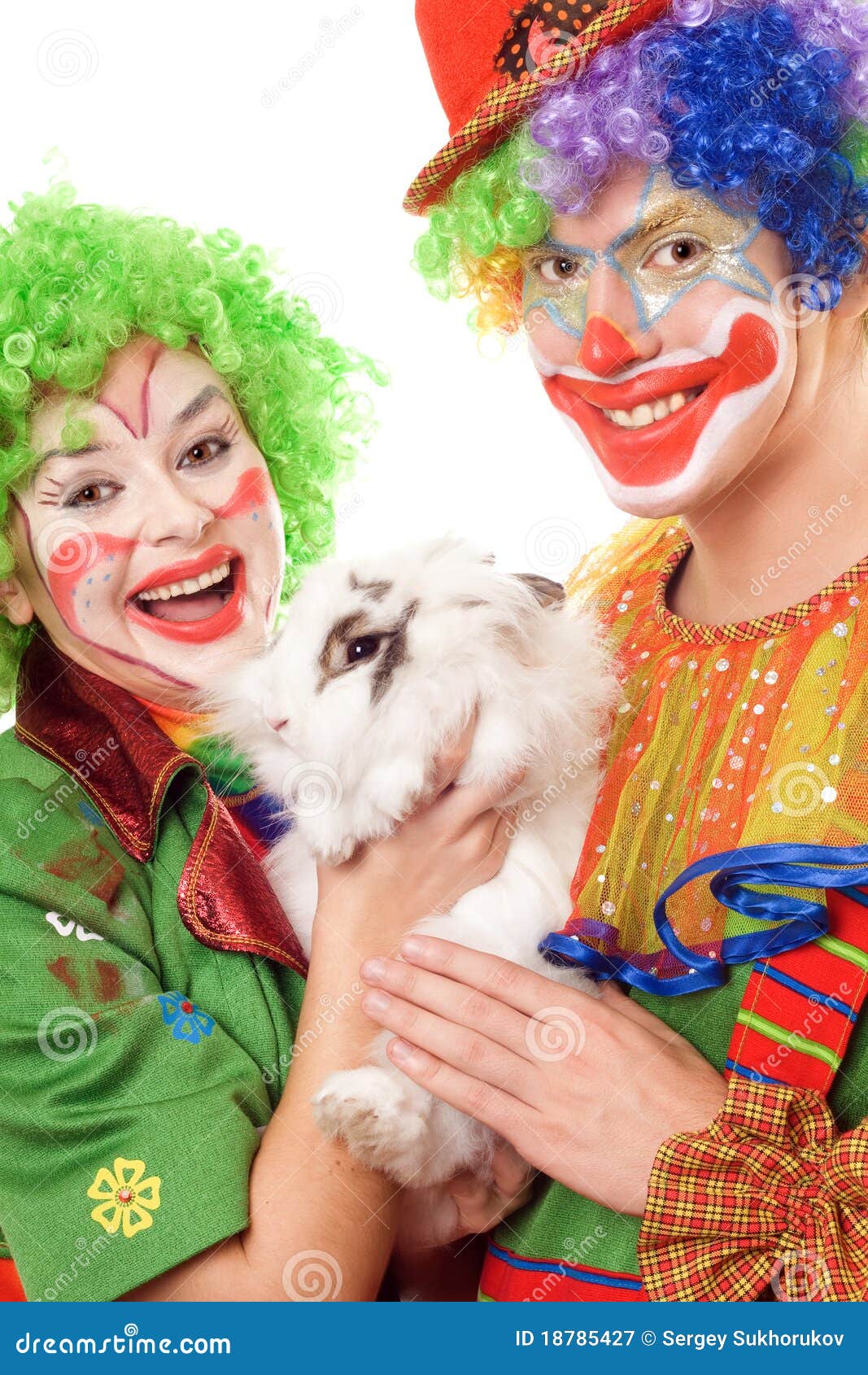 Two Cheerful Clown with a White Rabbit Stock Image - Image of colorful ...