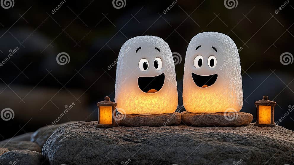 Two Cheerful Glowing Characters on a Stone Creating a Warm and Friendly ...