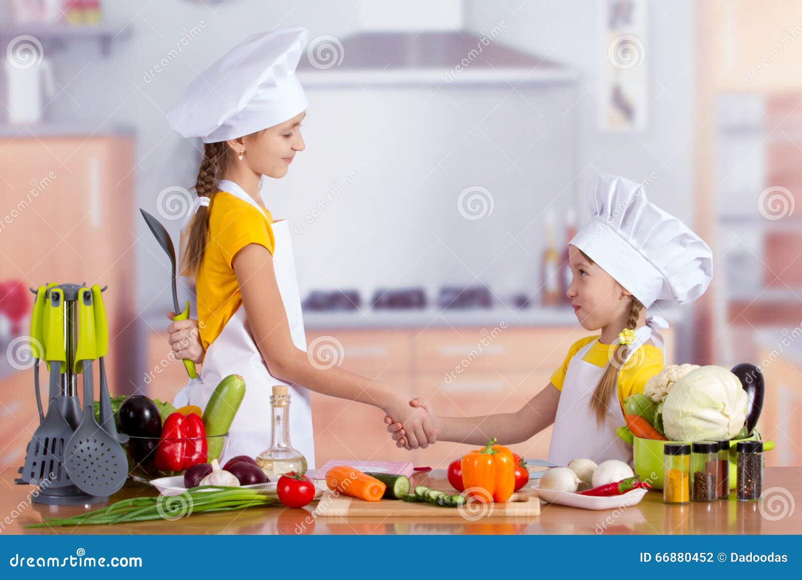 Two Cheerful Little Chefs Shake Hands Stock Photo - Image of beautiful ...
