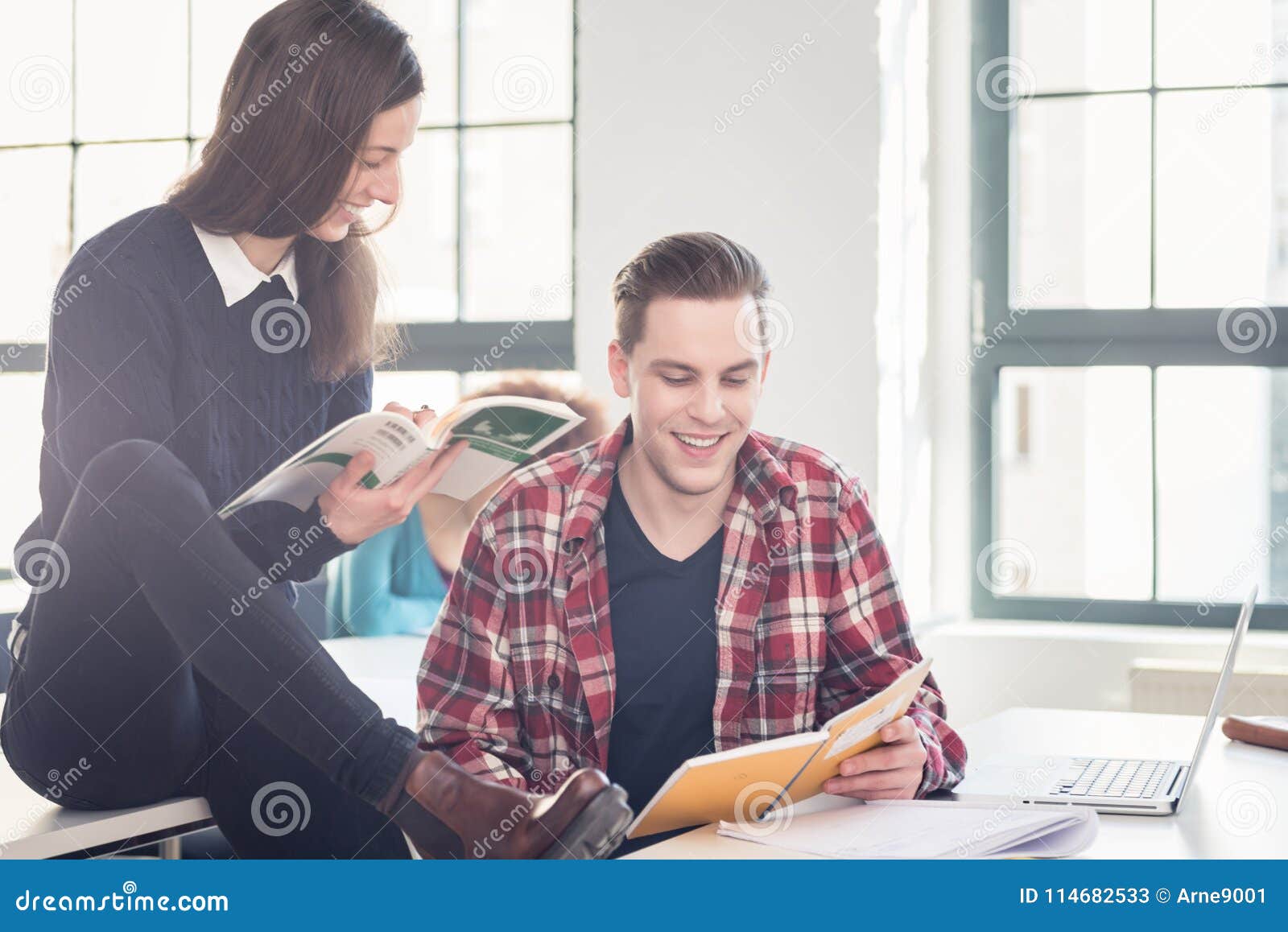 Two Cheerful Students Checking Information and Knowledge Stock Image ...