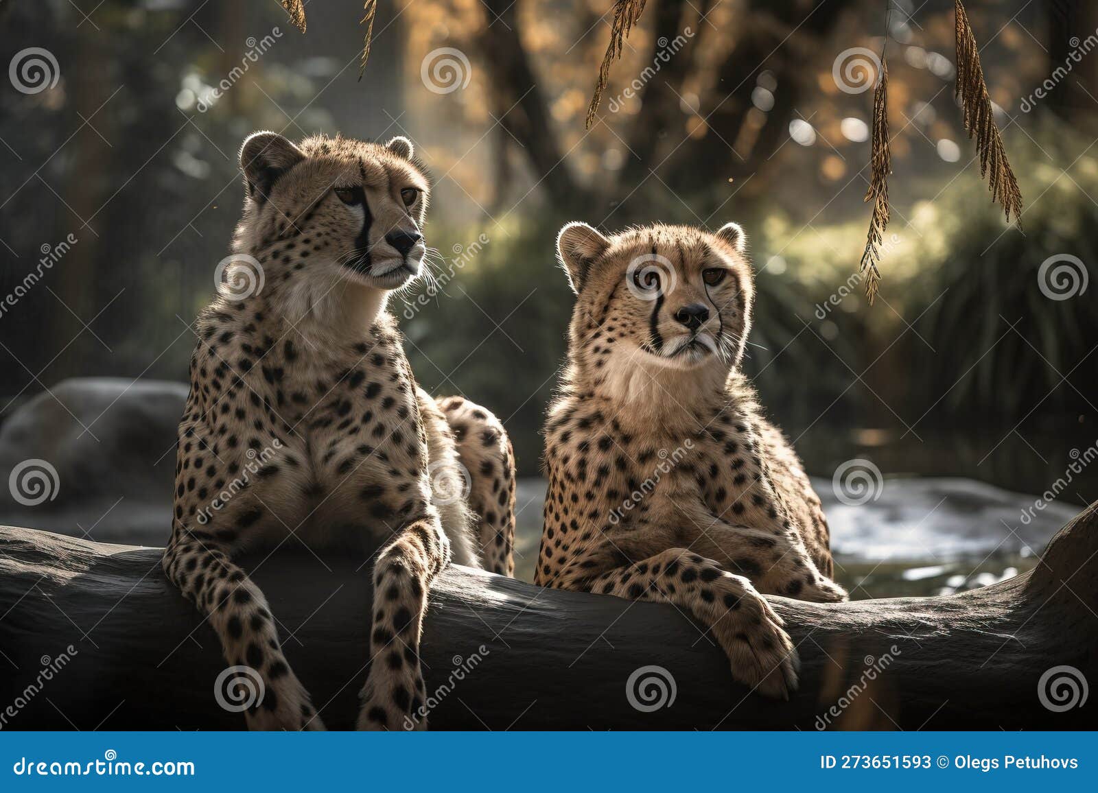Two Cheetah Sitting on a Log in a Zoo Setting with Trees in the ...