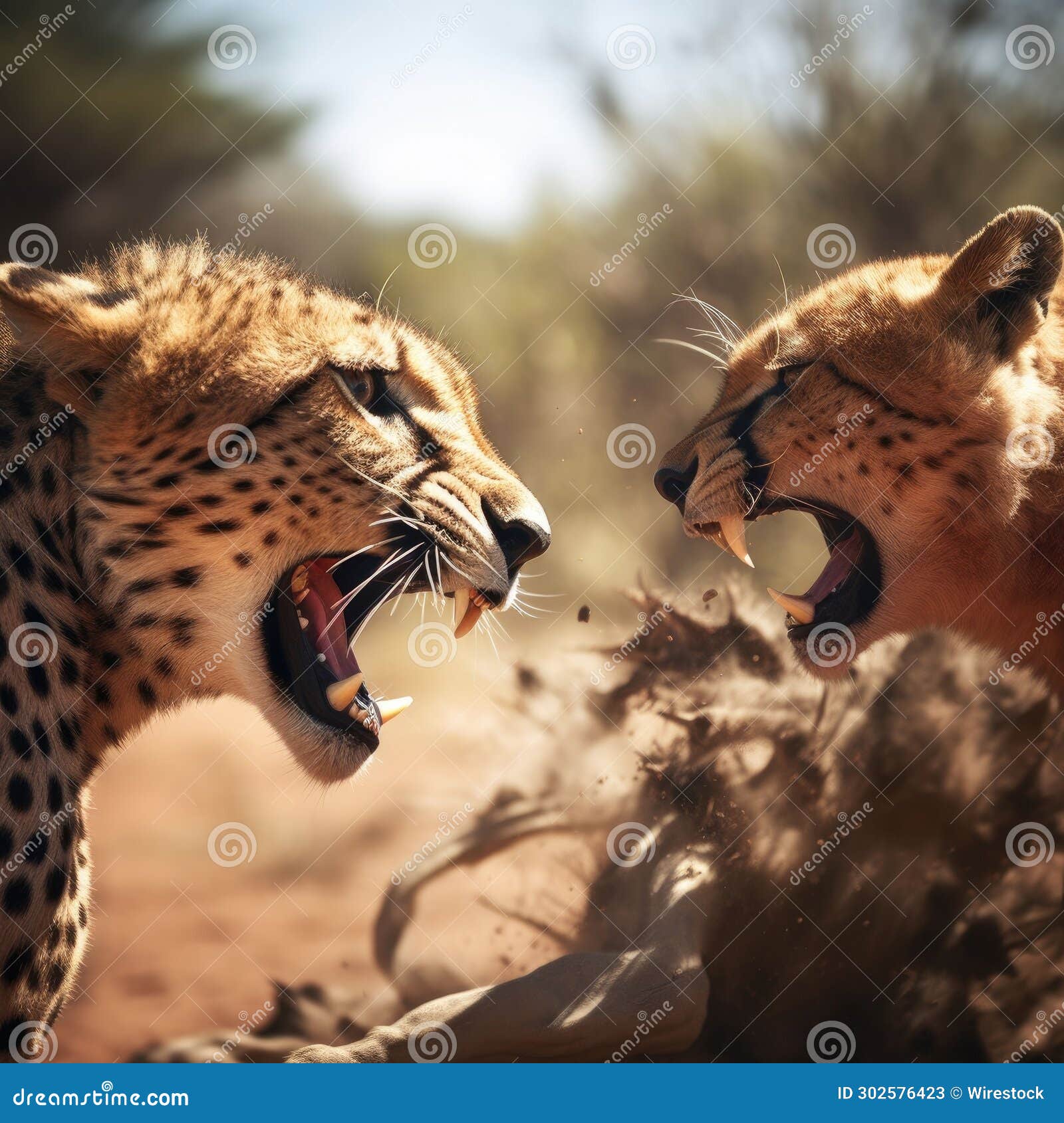Two Cheetahs in a Threatening Stance, Baring Their Teeth and Snarling ...