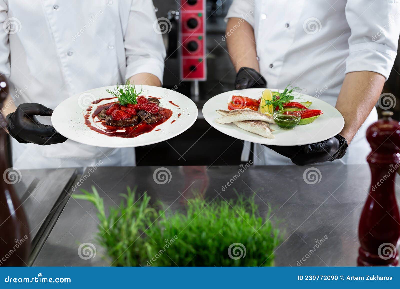 Two Chefs in a Professional Kitchen Hold Ready-made Dishes in Their ...
