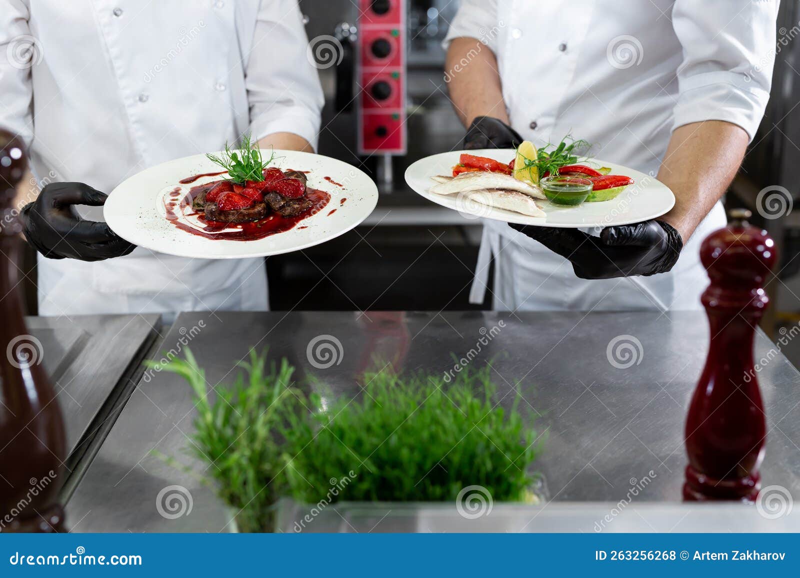 Two Chefs in a Professional Kitchen Hold Ready-made Dishes in Their ...