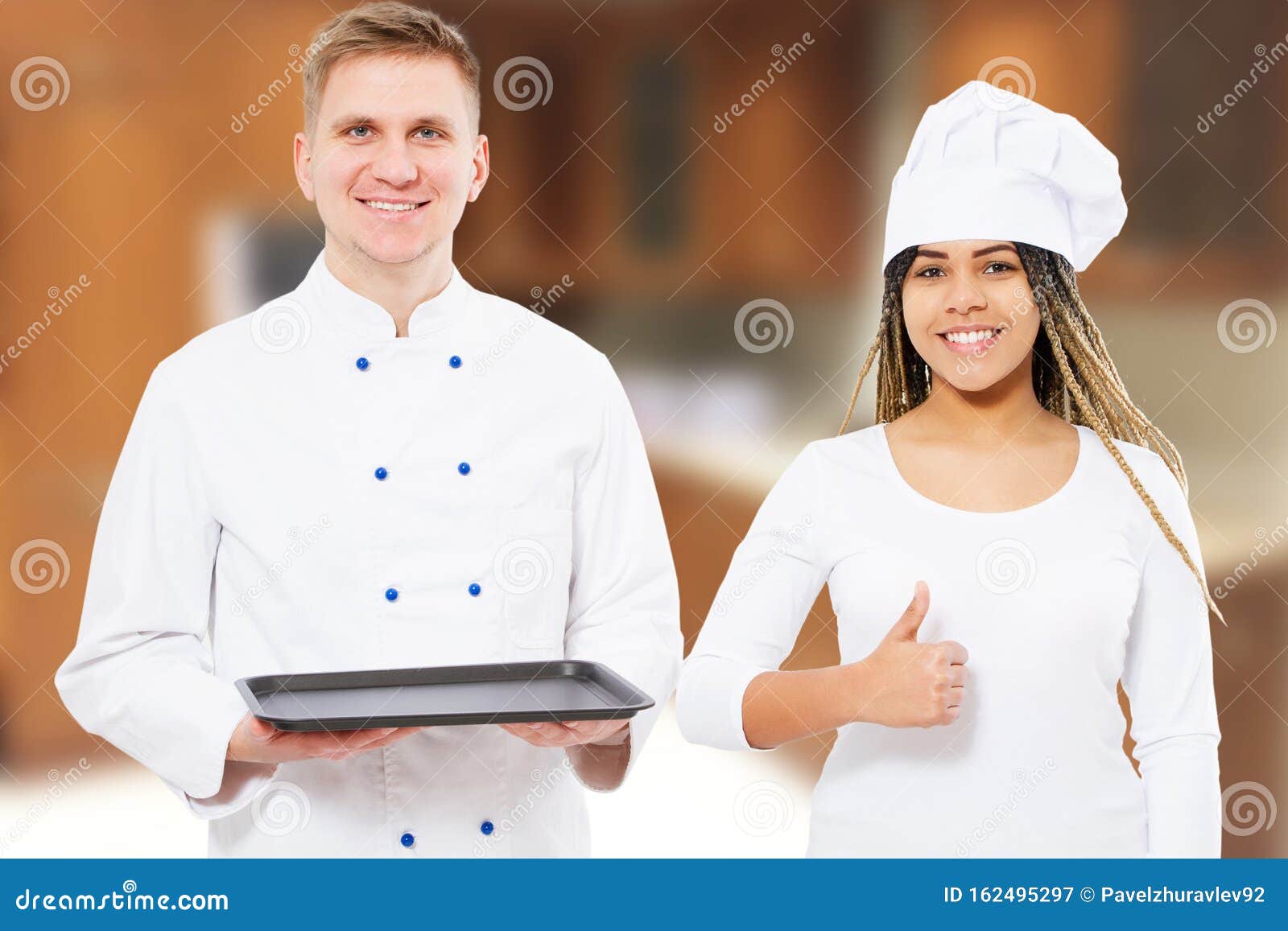 Two Chefs Standing in the Kitchen with an Empty Tray Mock Up Meal and ...