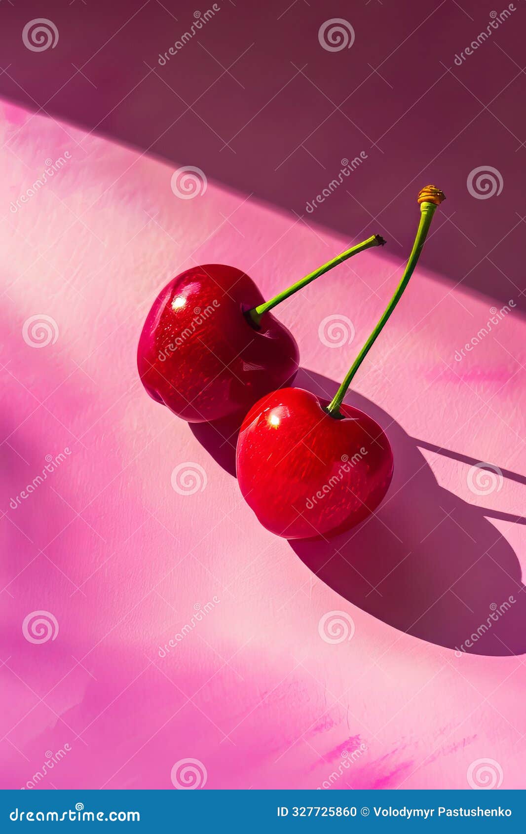 Two Cherries on a Pink Surface with Shadows Stock Photo - Image of ...