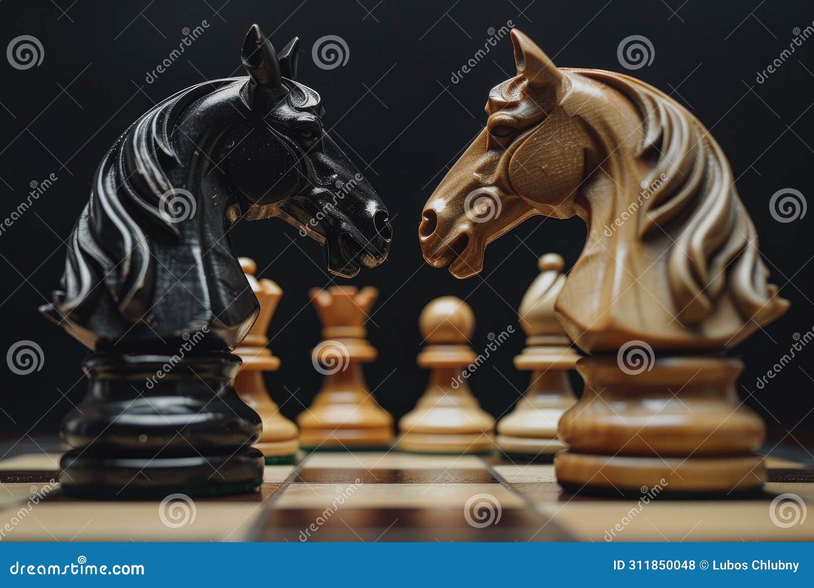 Two Chess Knights Face Each Other in a Tense Moment on the Chessboard ...