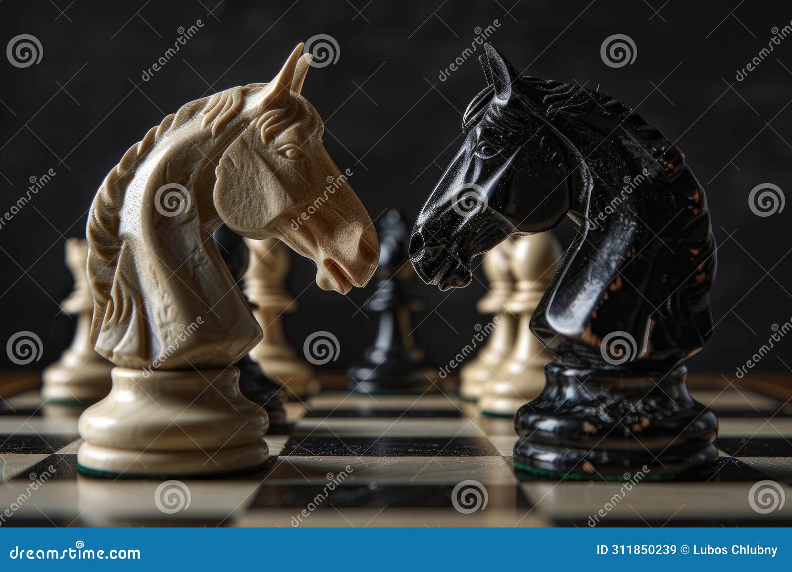 Two Chess Knights Face Each Other In A Tense Moment On The Chessboard ...