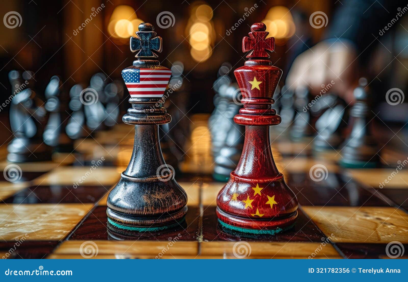 Two Chess Pieces, One of Which is Red and the Other Black, are on a ...