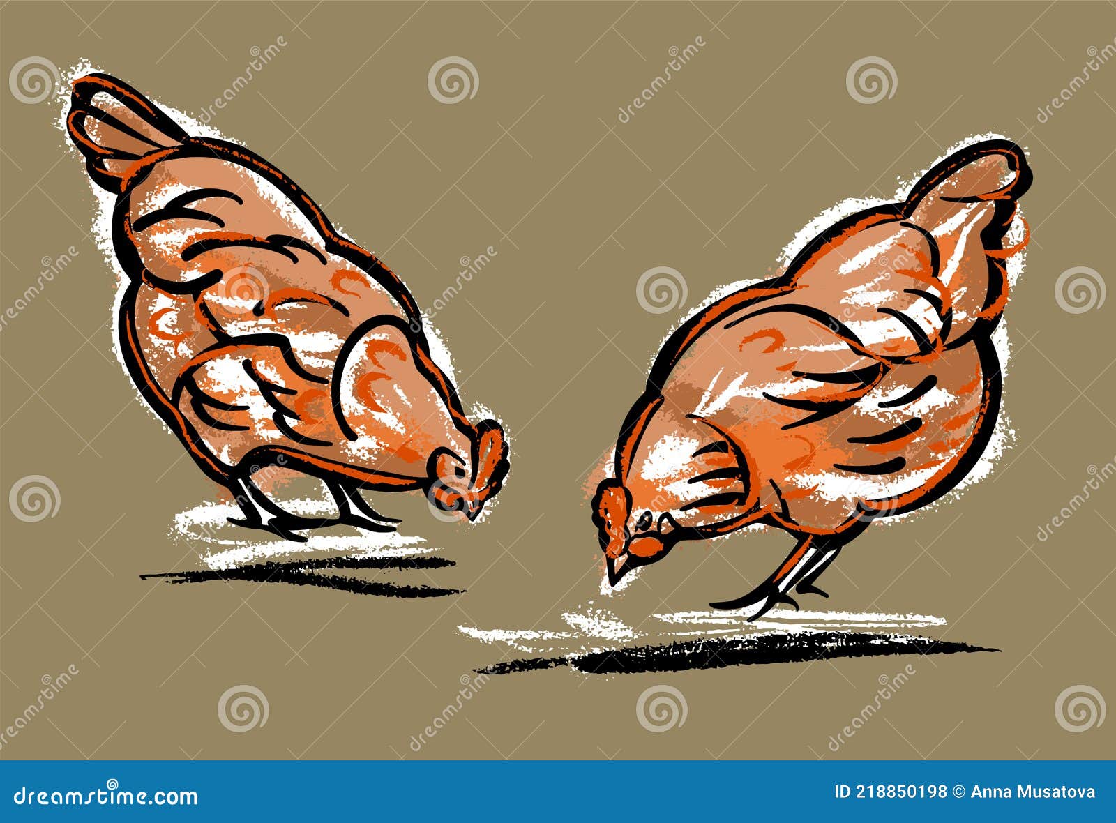 Chickens Peck At The Grass. Hand-drawn Sketch Illustration, Color ...