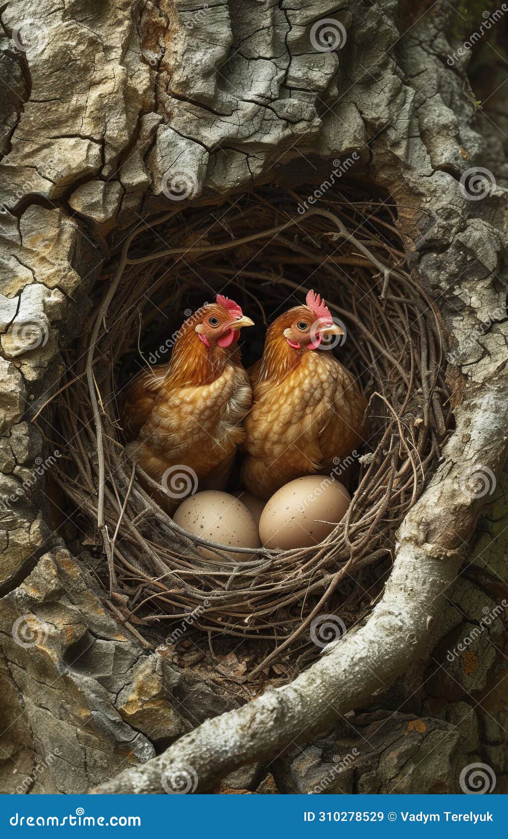 Two Chickens Sitting in Nest with Eggs Stock Image - Image of straw ...