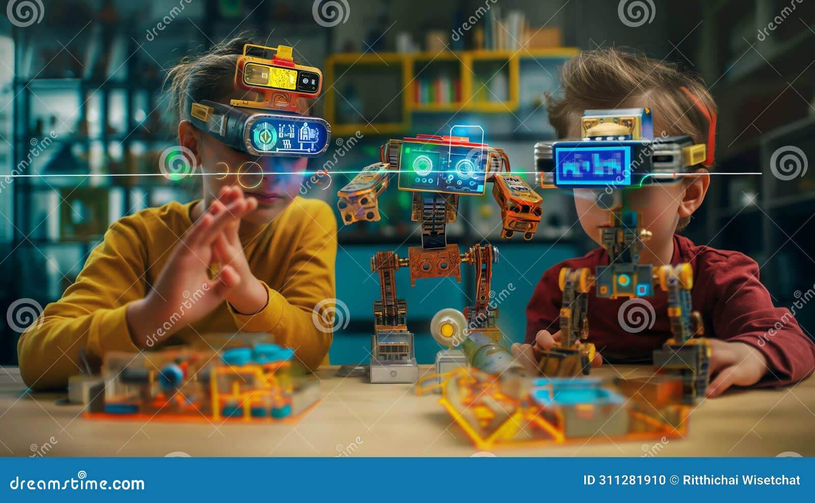 Two Children with Augmented Reality Headsets are Interacting with ...