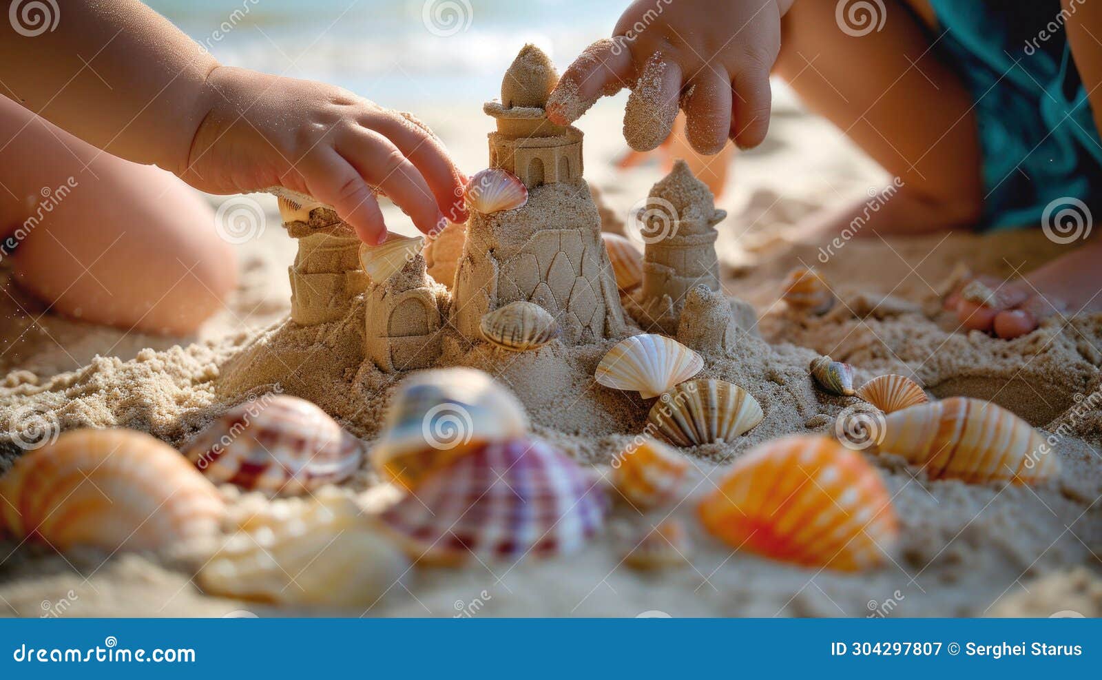 Two Children Building a Sand Castle on the Beach with Shells, AI Stock ...