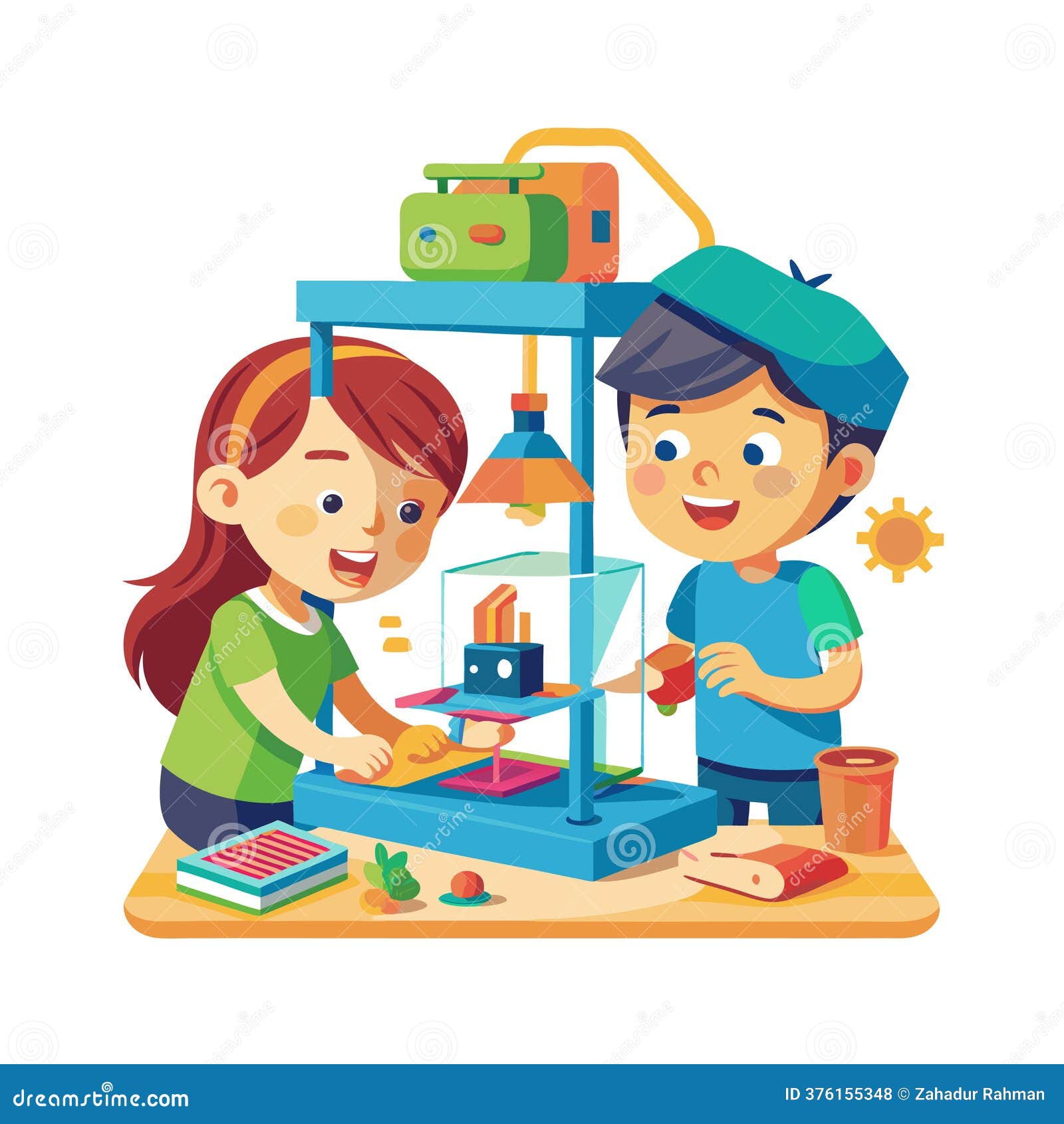 Kid Inventors Day.Children, A Boy And A Girl, Carry A Huge Yellow Light ...