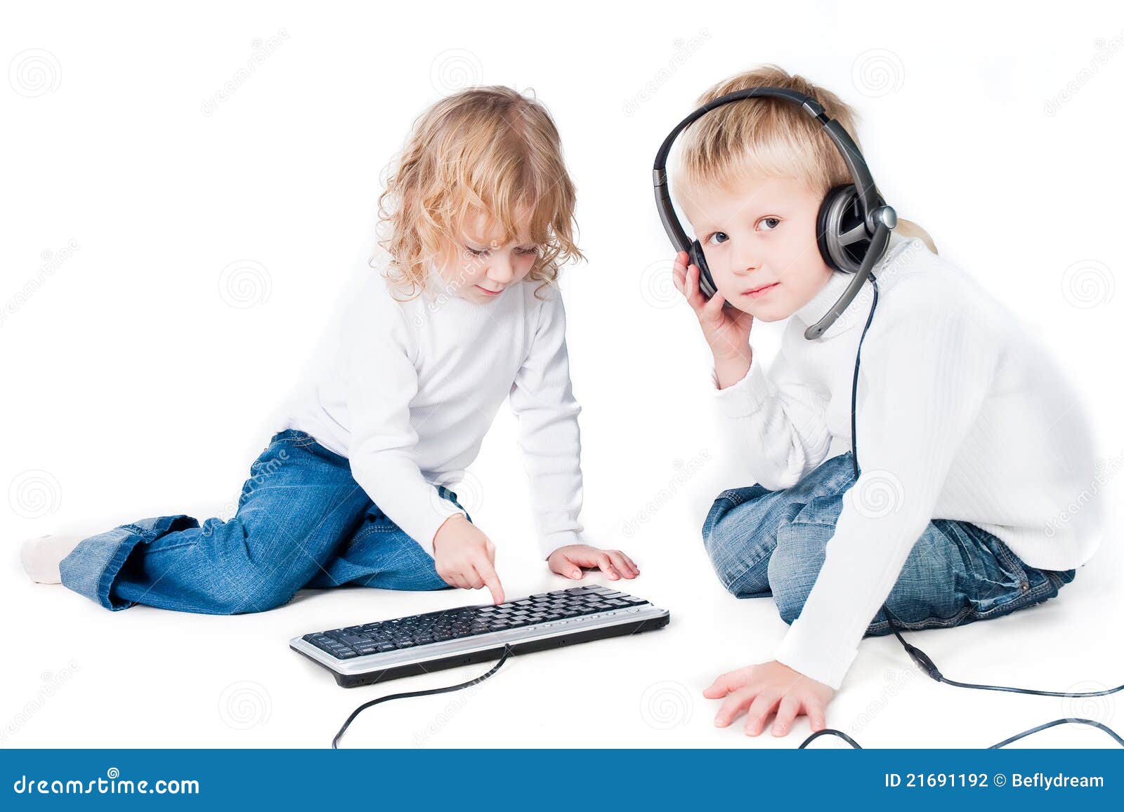 Two Children with Computer on Floor Isolated Stock Photo - Image of ...