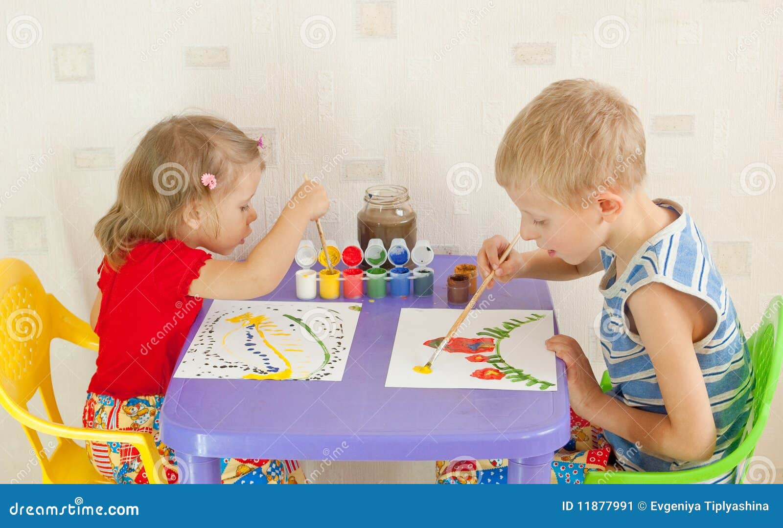Two children draw stock image. Image of brush, house - 11877991