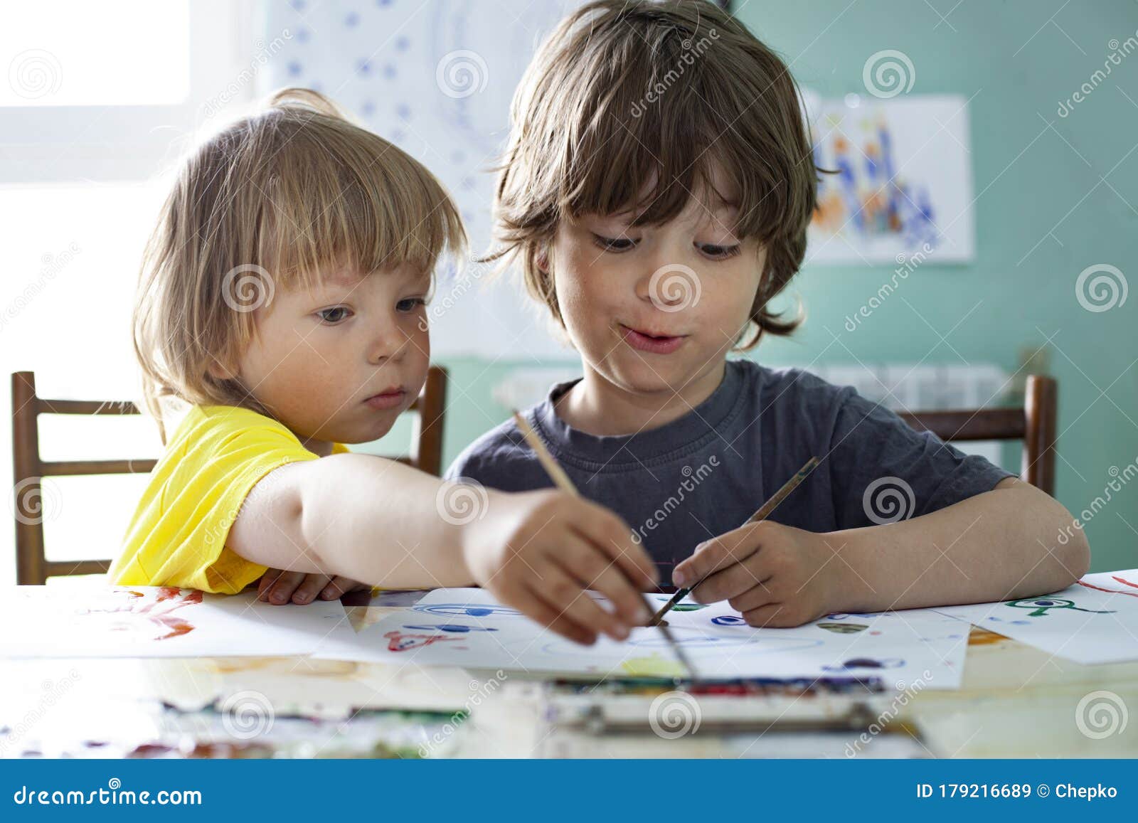 Two Children Draw in Home, Boys Studying Drawing at School Stock Image ...