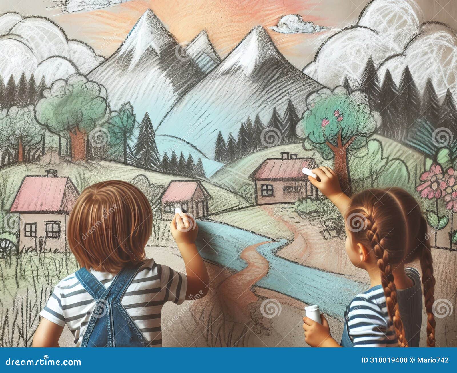 Two Children Drawing with Chalk on a Blackboard Stock Illustration ...