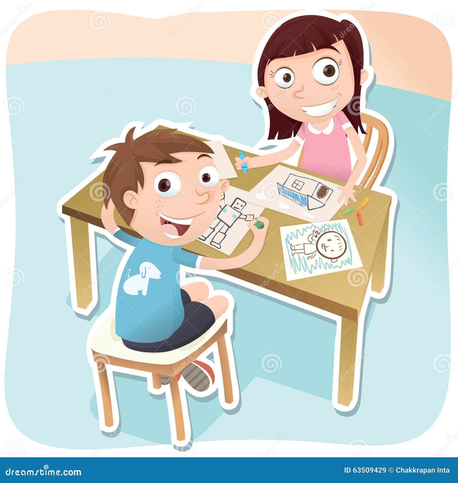 Two Children Drawing Together Stock Vector - Illustration of together ...