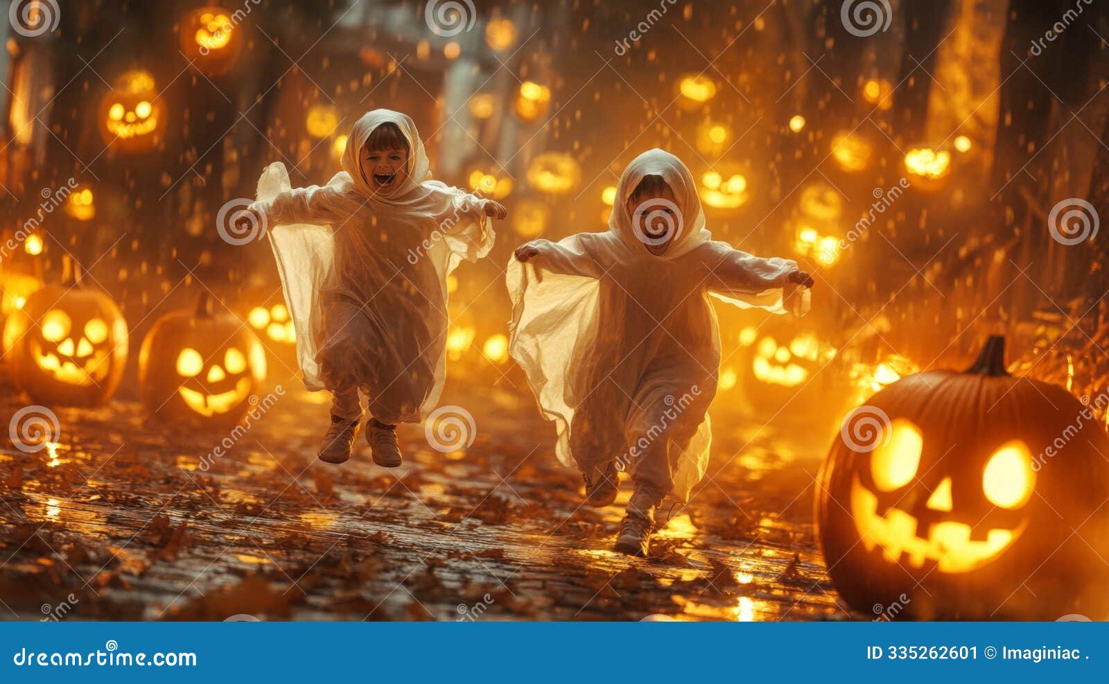 Two Children Dressed As Ghosts Running through a Halloween Pumpkin ...