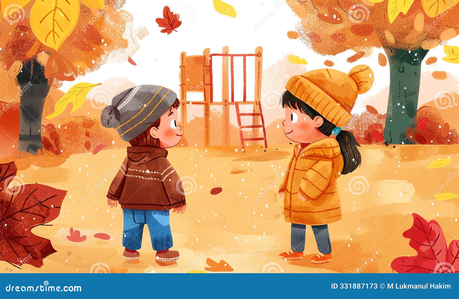 Two Children Enjoying the Fall Foliage and Snow in a Park Stock ...