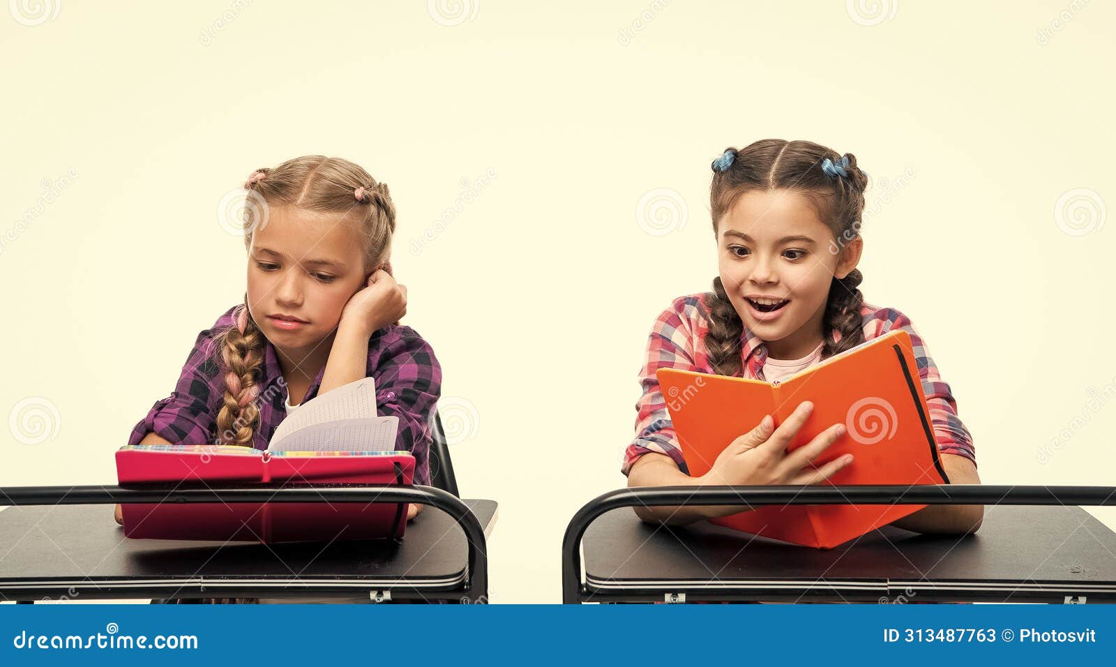 Two Children Girls Study with Book at School Lesson in Classroom Stock ...