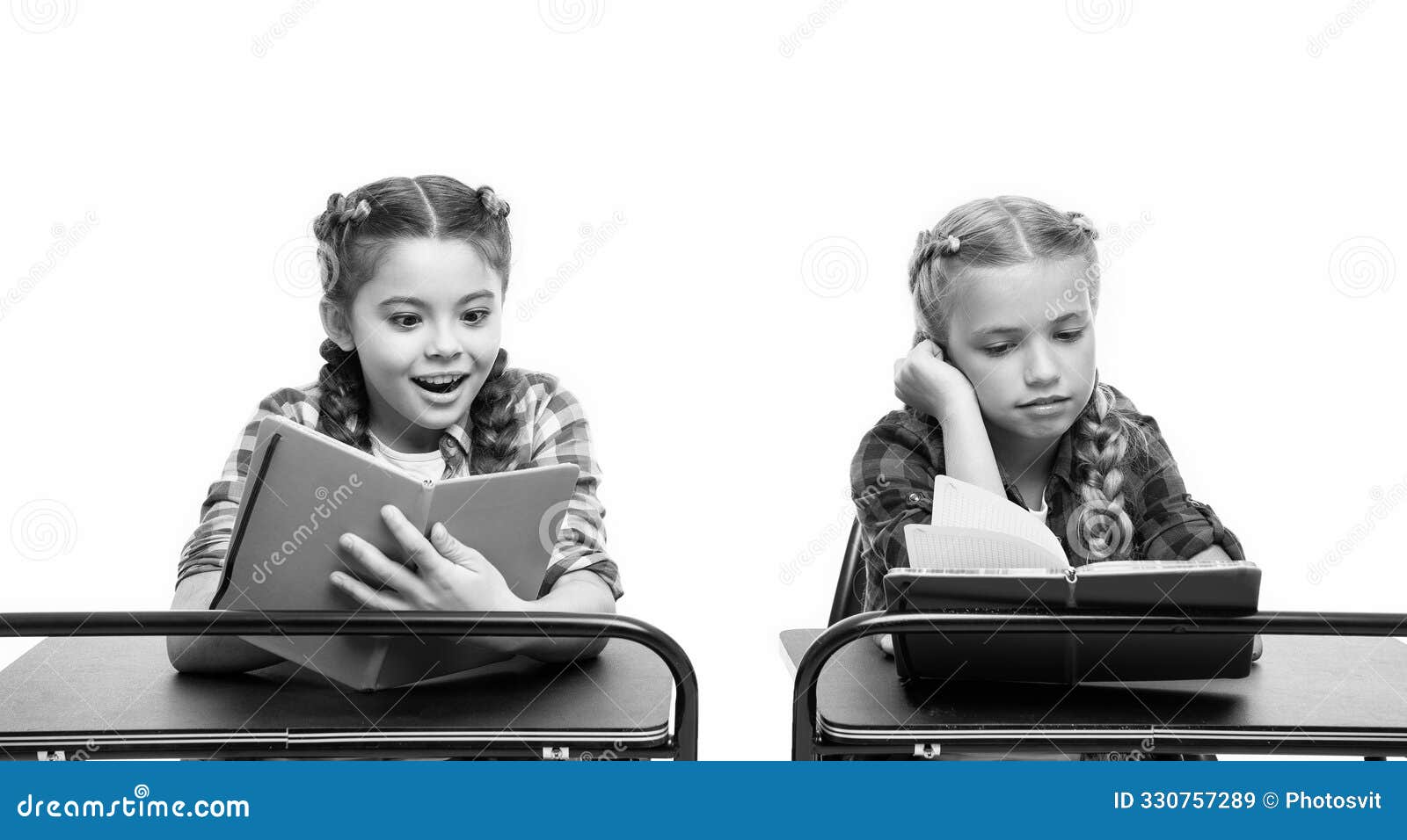 Two Children Girls Study with Book at School Lesson in Classroom Stock ...
