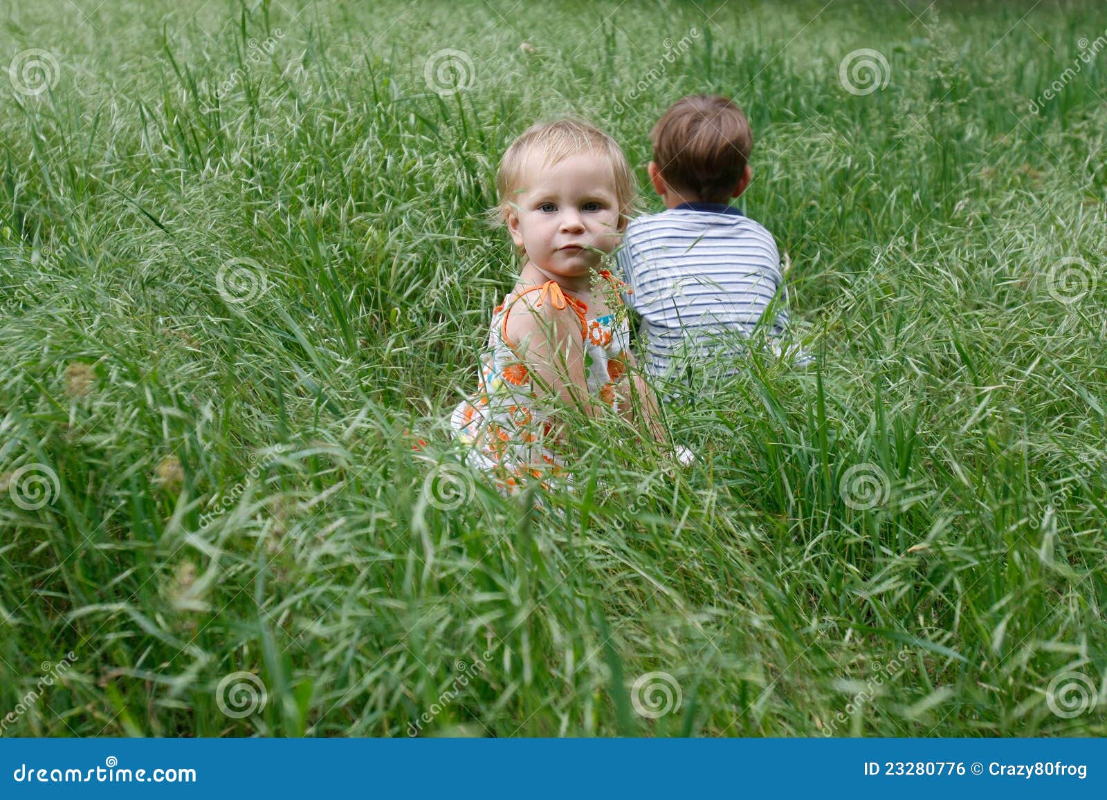 Two children in grass stock photo. Image of natural, nature - 23280776