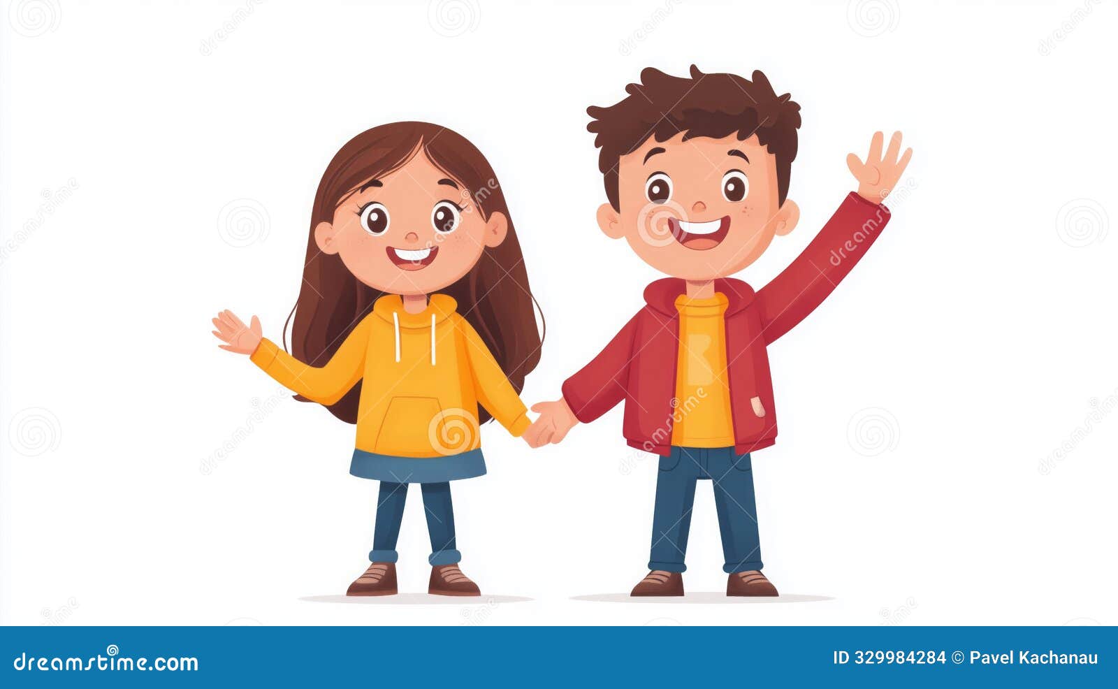 Two Children Greet the Viewer with Smiles and Waves while Holding Hands ...