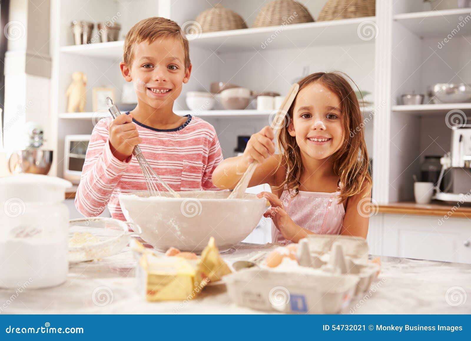 Two Children Having Fun Baking in the Kitchen Stock Image - Image of ...
