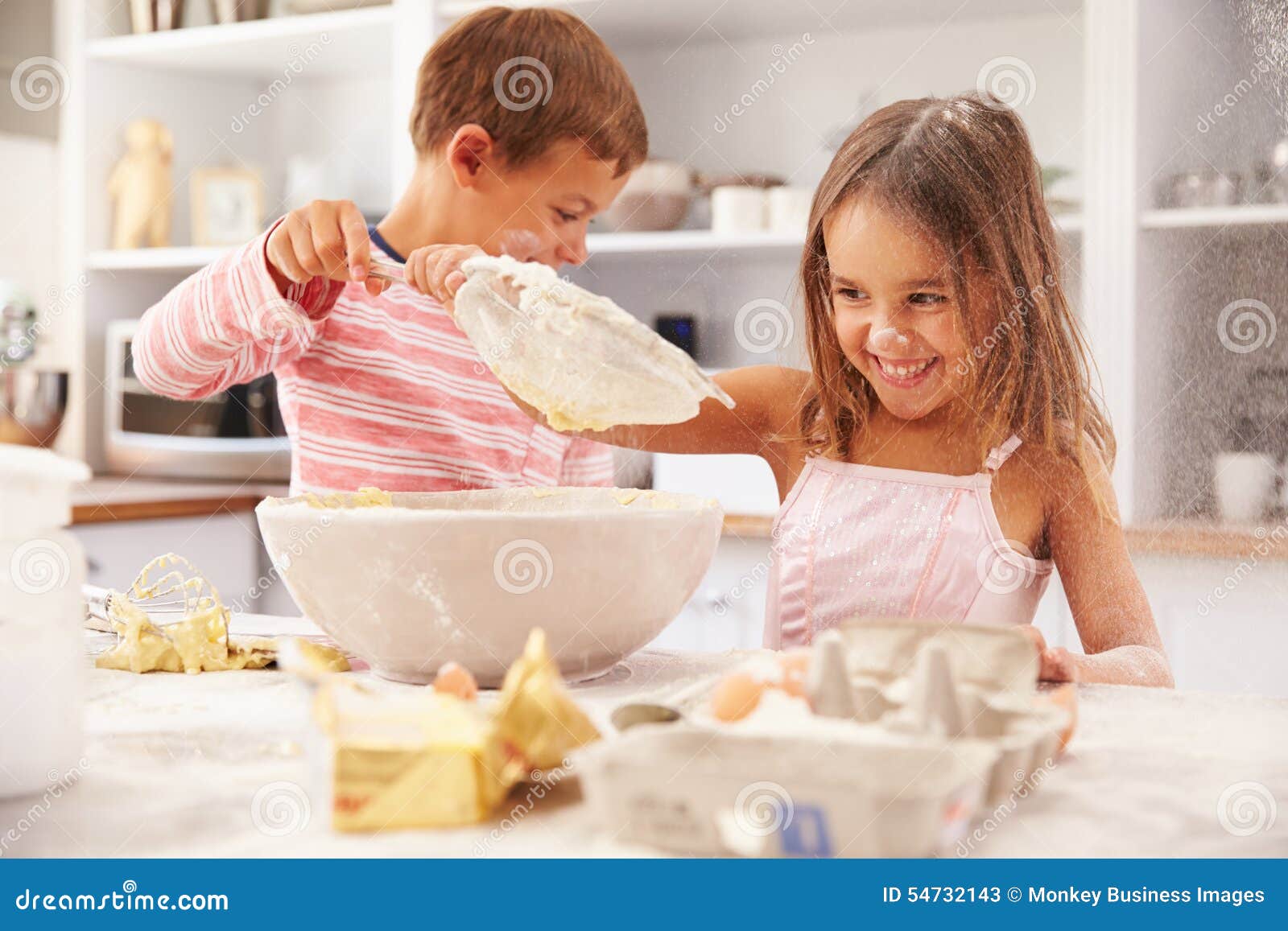 Two Children Having Fun Baking in the Kitchen Stock Image - Image of ...