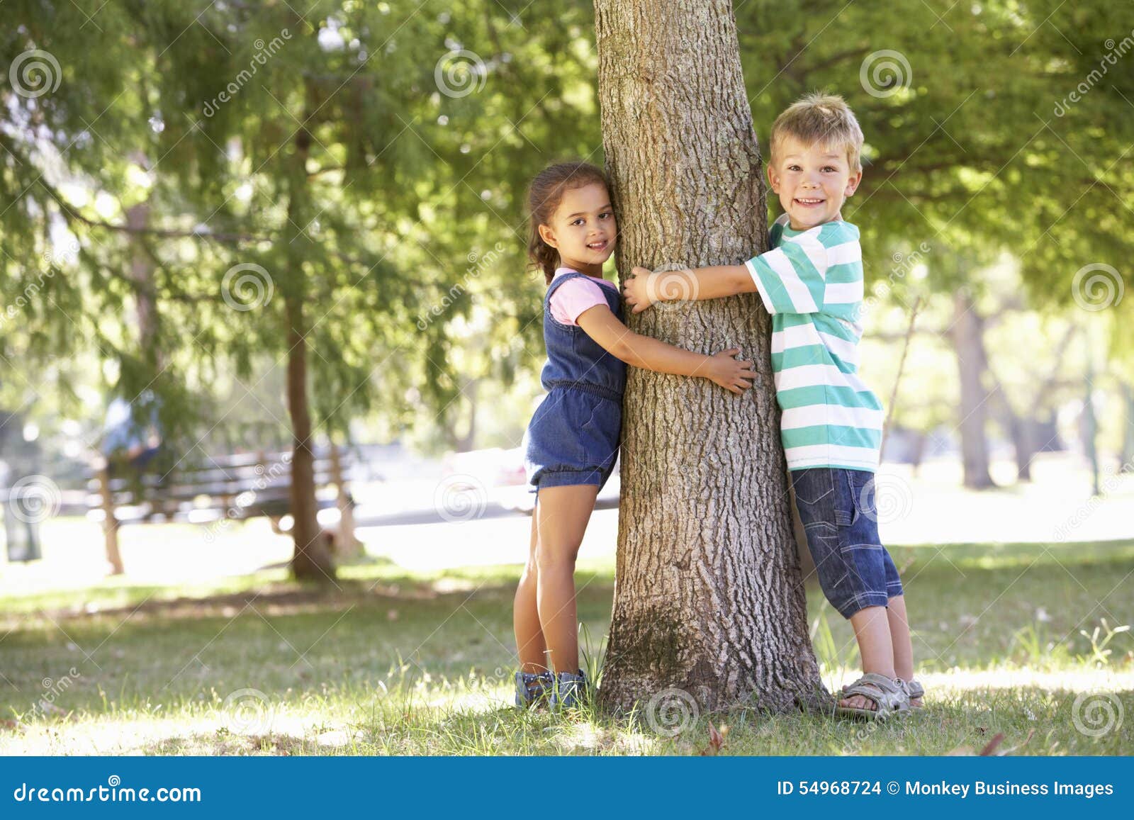Two Children Hugging Tree in Park Stock Photo - Image of hugging ...