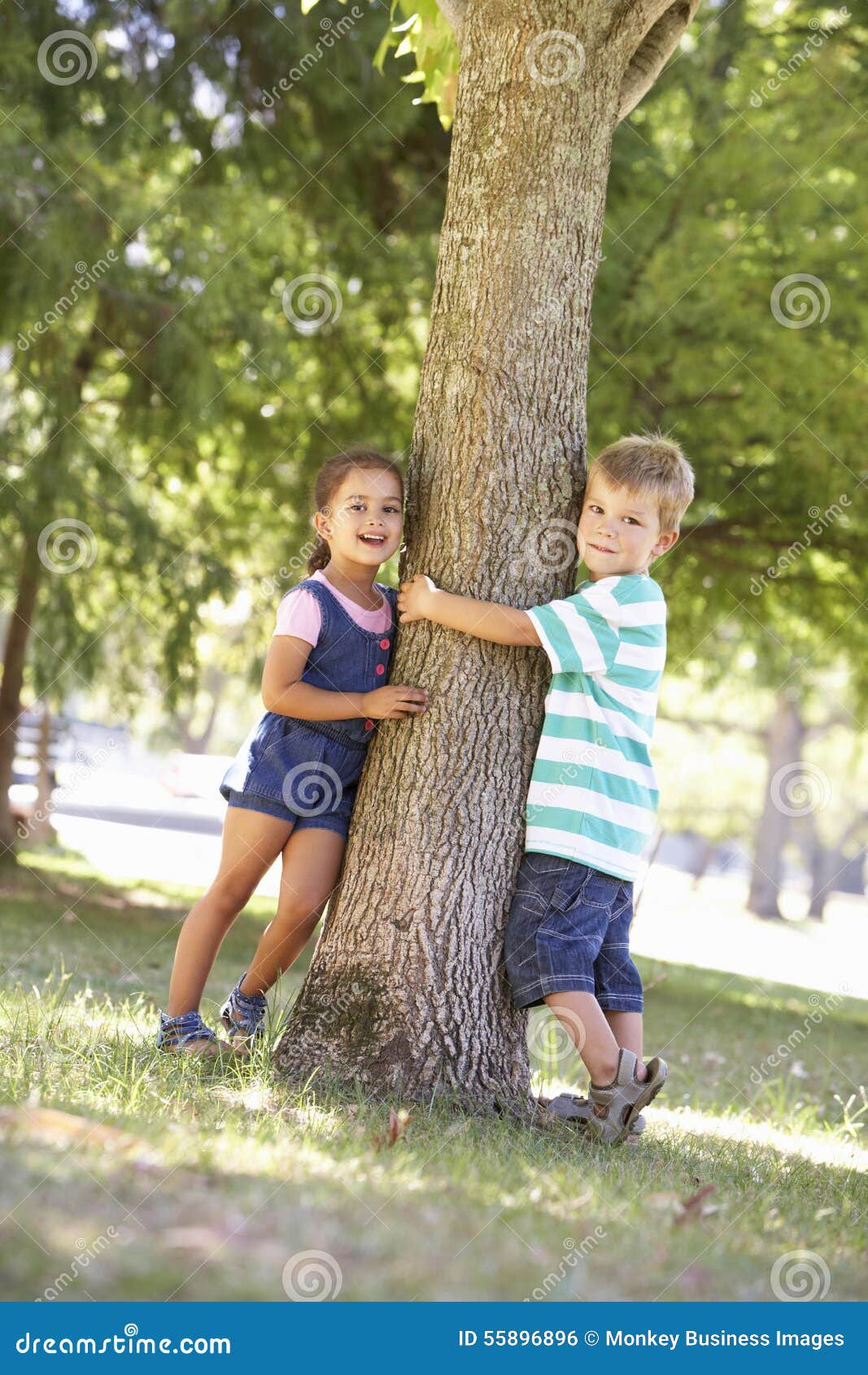 Two Children Hugging Tree in Park Stock Photo - Image of sunny, park ...
