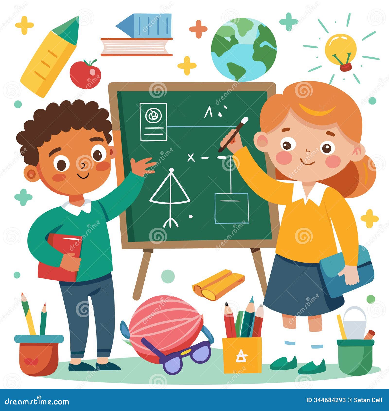 Two Children Learning and Studying Together at Schoo Stock Image ...