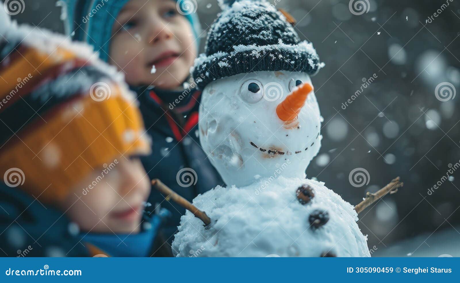 Two Children are Looking at a Snowman in the Snow, AI Stock Image ...
