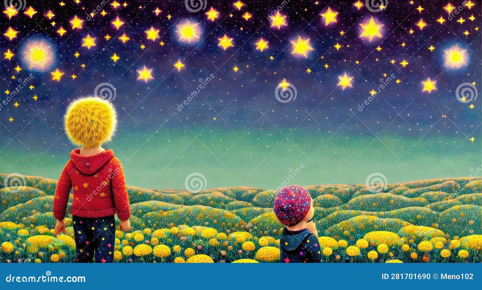 Two Children Looking at the Stars in the Sky Stock Illustration ...